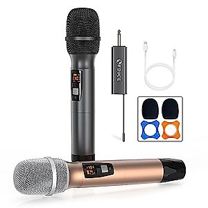 FDUCE Wireless Microphone, Karaoke Mic, UHF Dual Handheld Dynamic System with Rechargeable Receiver for Party, Church, Meeting, Wedding, 260ft (Grey and Gold)