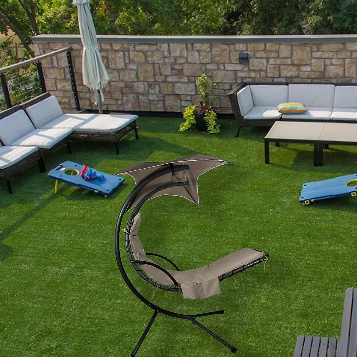 BASANOB Outdoor Hanging Lounge Chair Replacement Cushion Cover and Umbrella Fabric, Patio Curved Chaise Hammock Floating Swing Chair Pads (Cushion Not Included) (Coffee)