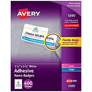 Avery Flexible Name Tag Stickers, White Rectangle Labels, 400 Removable Name Badges, 2-1/3" x 3-3/8" (5395)