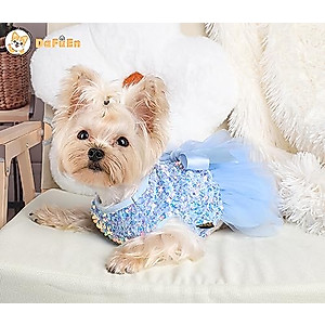 Dog Sweater Dress for Small Dogs Girl Fall Winter Fleece Warm Puppy Dresses Clothes Outfit Apparel Cute Sequins Bowknot Pet Skirt for Cats Holiday Doggie Wedding Dress Coats (X-Small, Blue)