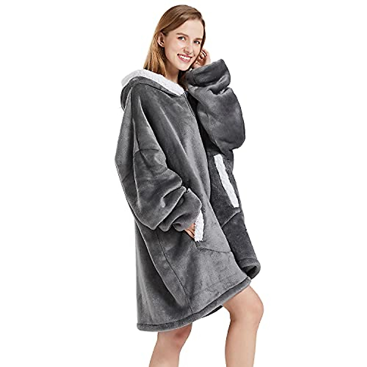 FAYBOX Wearable Blanket Hoodie with Zip for Women Men, Fuzzy Warm Sherpa Comfy Oversized Hoodie Blanket Plush Sweatshirt with Giant Pocket One Size Fits All-Dark Grey