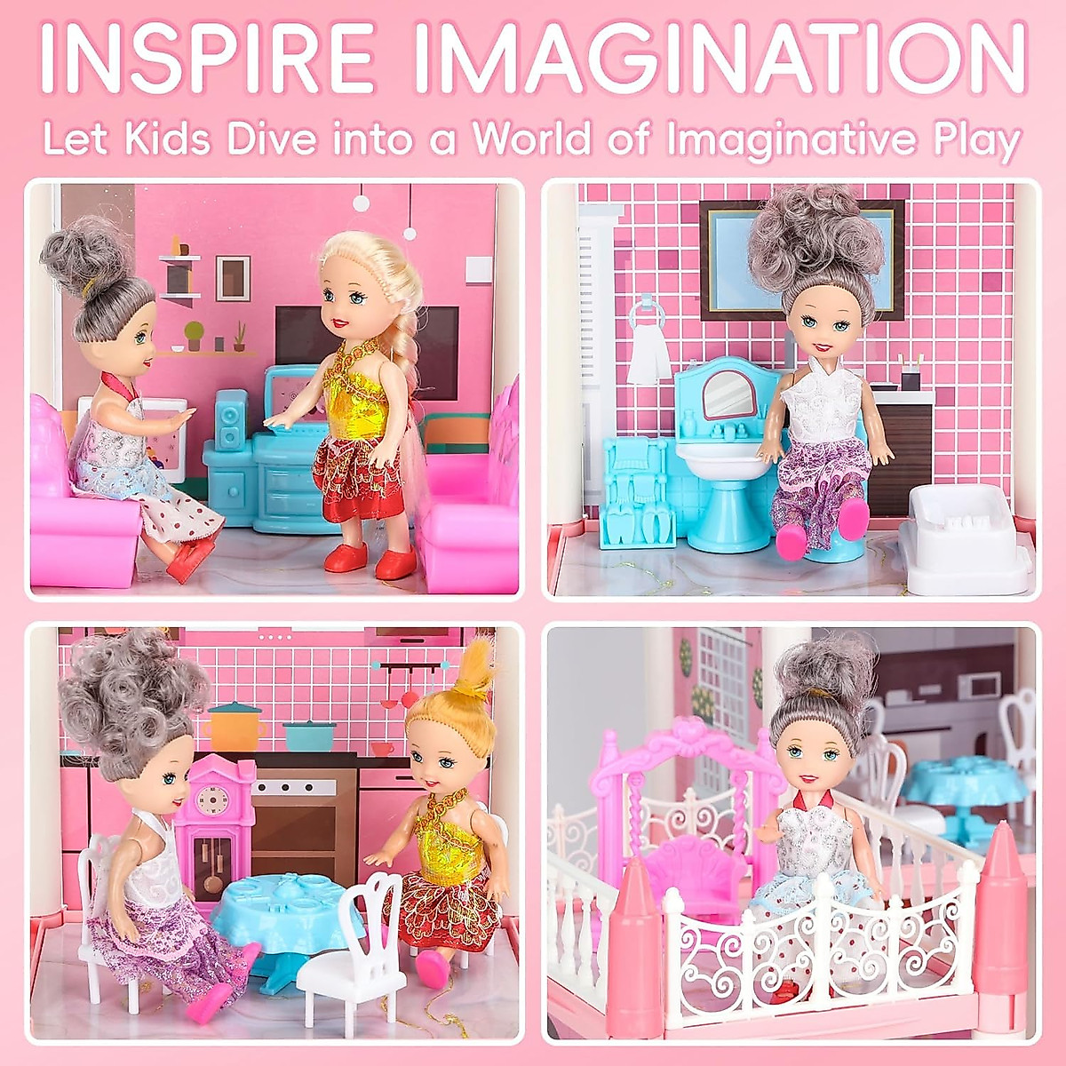 LUYE 4 Stories Dollhouse for Girls 2 3 4 5 6 7 8 Year Old - Huge Doll House w/ 4 Dolls Figure with Furniture, Accessories, LED Light, Princess Dream House Toys Gift for Toddler Kids 3+, Pink