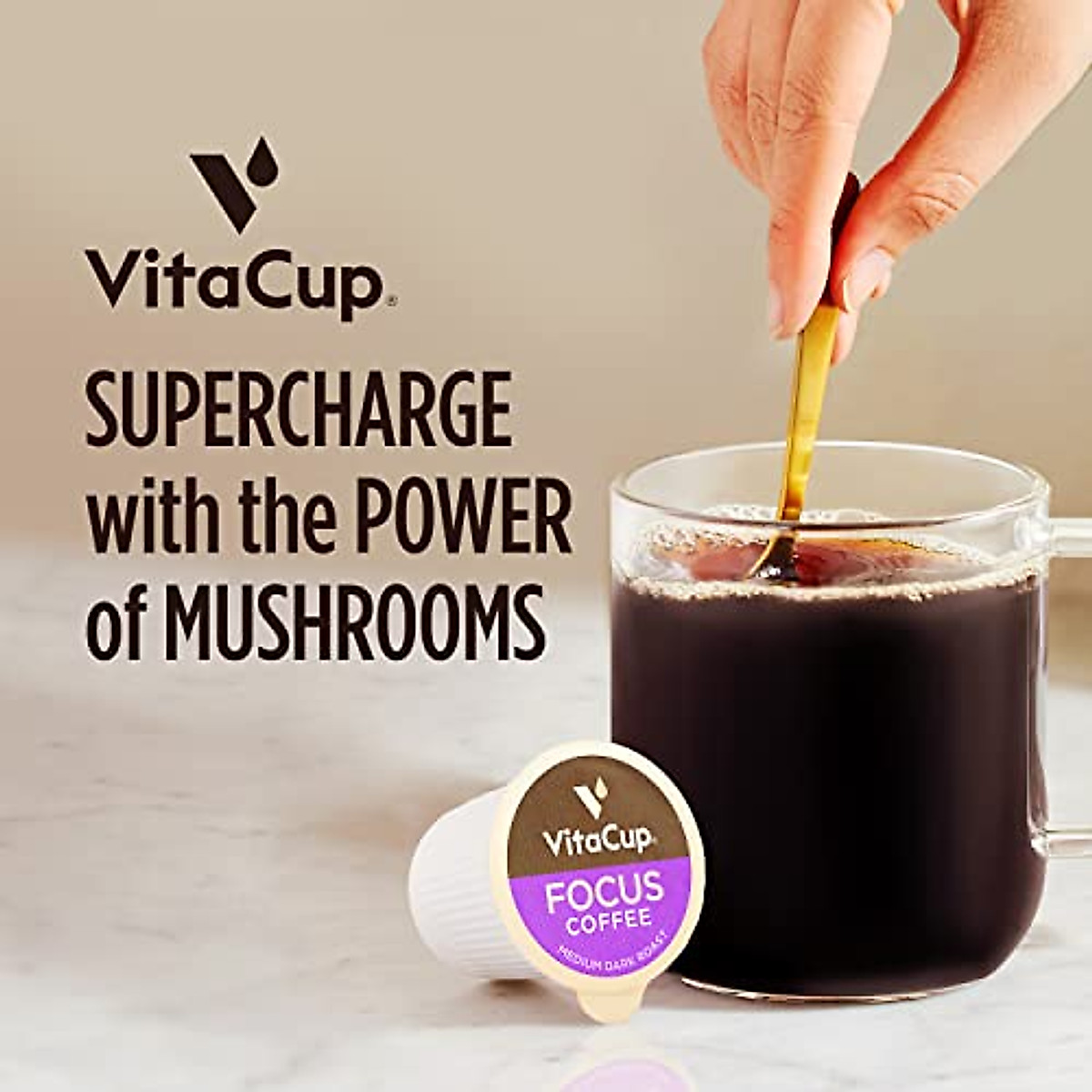 VitaCup Focus Mushroom Coffee Pods, Boost Focus & Immunity w/Lions Mane, Chaga, B Vitamins, D3 for Memory & Clarity, Medium Roast, Recyclable Single Serve Pod Compatible w/Keurig K-Cup Brewers,32 Ct
