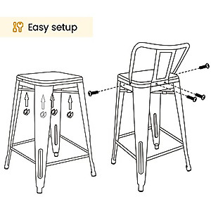Yaheetech 24'' Metal Bar Stool 4PCS Low Back Conuter Stools for Indoor/Outdoor Barstools w/Wooden Seat Metal Leg Industrial Counter Height Black