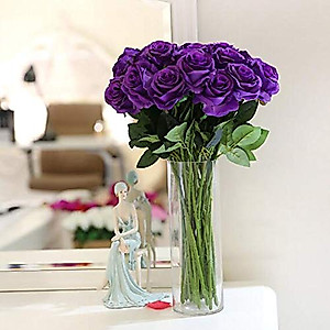 Amzali Artificial Flowers, Real Looking Blush Fake Rose Long Stem Silk Artificial Rose Flower Home Decor for Bridal Wedding Bouquet, Centerpieces Birthday Shower Party Garden floral Arrangement Purple