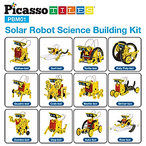 PicassoTiles STEM Kids Solar Powered Transformer Robot Educational Learning Engineering Building Toy 12-in-1 Creative Unique Transformation Renewable Energy Science Experiment DIY Kit Boy Girl Age 8+