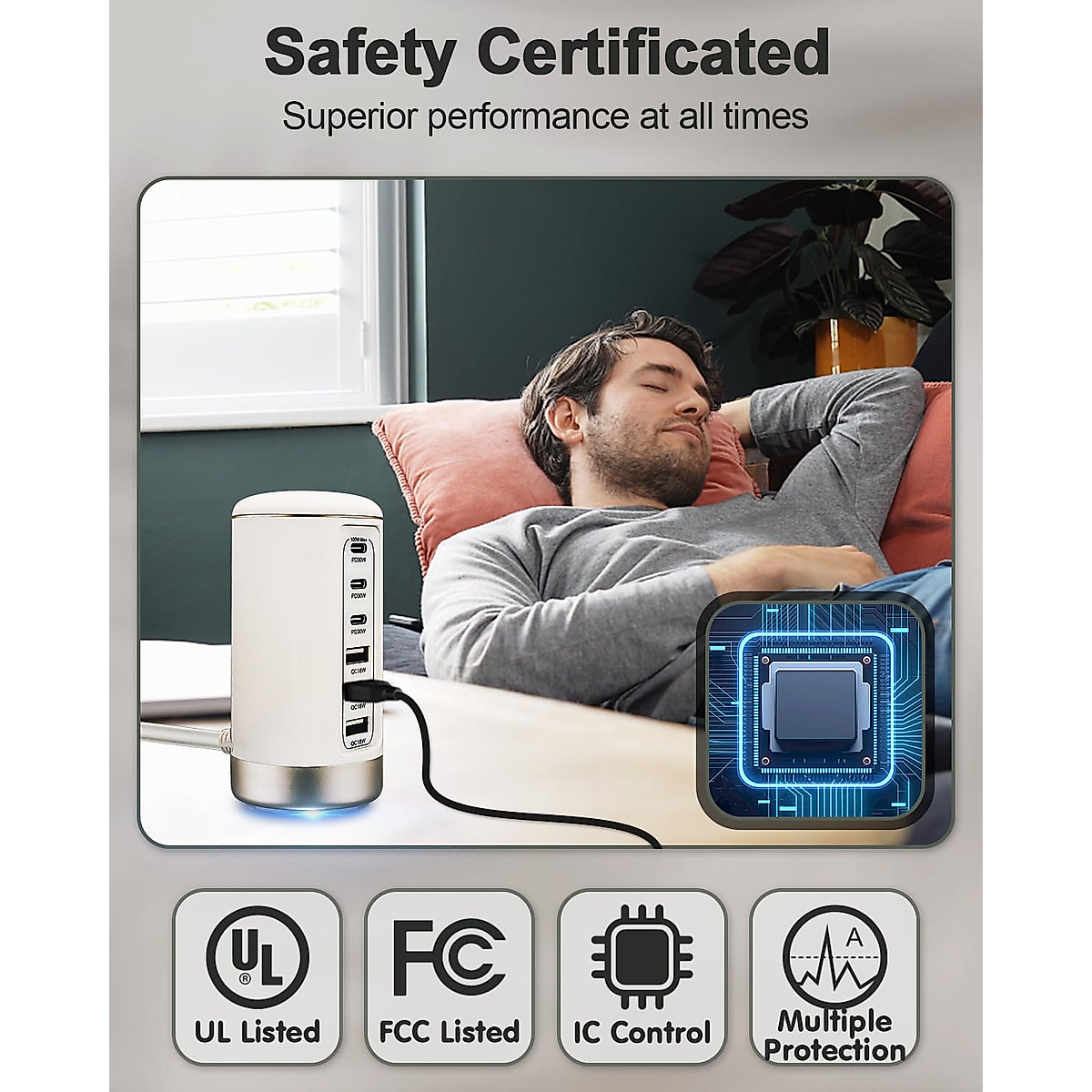 100W USB C Charger for Multiple Devices,6-Port 30W USB-C & 18W USB Ports- Compact, Space-Saving Design Fast Charging Tower for iPhone, Galaxy,Pixel, iPad, Watches,Home Office Use