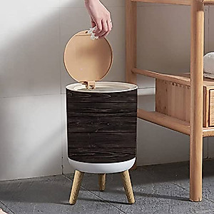 Press Cover Round Trash Bin with Legs Seamless Dark Brown Wooden Old Planks Wood Texture Push Top Trash Can with Lid Dog Proof Garbage Can Wastebasket for Living Room 7L/1.8 Gallon