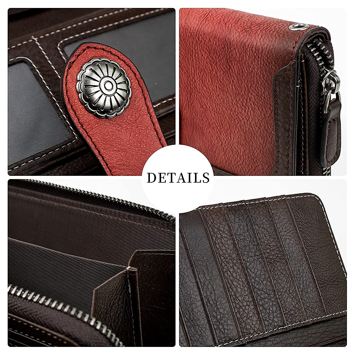 LETEULO Women's Leather Wallet Vintage Clutch Wallets Card Organizer Purse with Clutch Strap (Red)