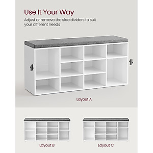 VASAGLE Shoe Bench with Cushion, Storage Bench with Padded Seat, Entryway Bench with 12 Compartments, for Bedroom, 11.9 x 40.9 x 18.9 Inches, Cloud White and Dove Gray ULHS012W14