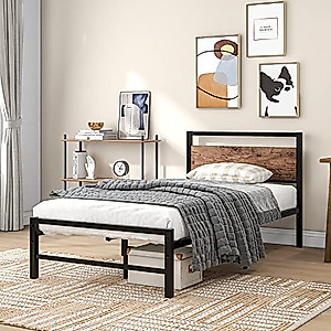 Crocofair Twin Size Black Bed Frame with Vintage Wood Headboard,Single Bed Frames,Strong Steel Slats Support,No Box Spring Needed,Easy Assembly,Noise Free(Rustic Brown)