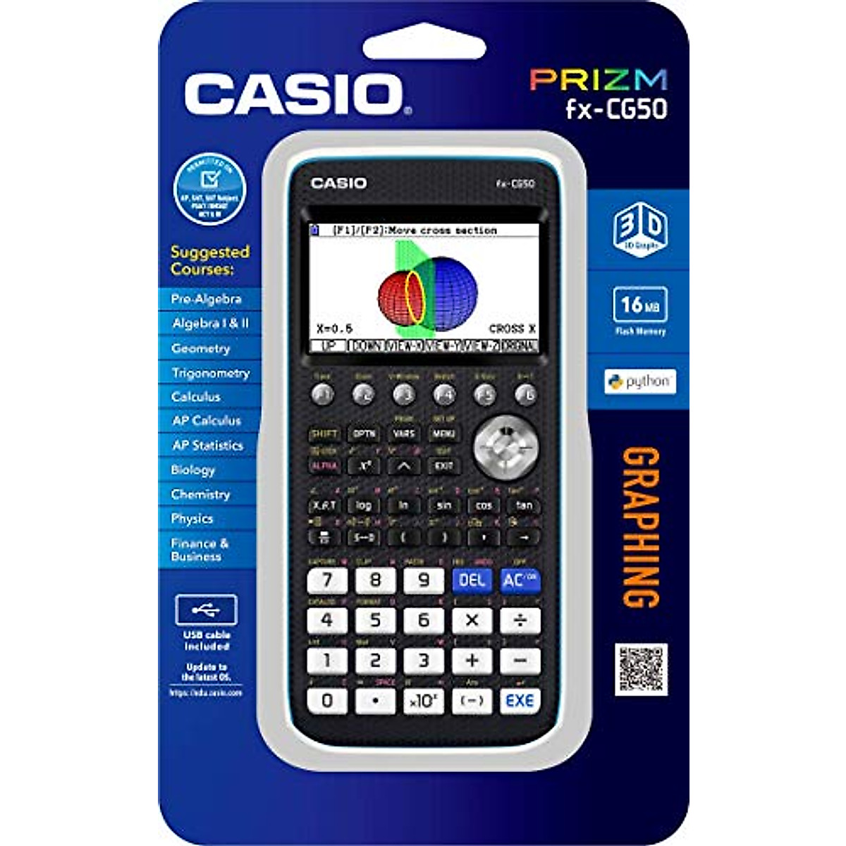 CASIO PRIZM FX-CG50 Color Graphing Calculator,Black & White,7.21"Wx10.32"Lx2.05"H