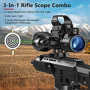 MidTen Riflescope Combo 4-12x50EG Dual Illuminated Optics & IIIA/2MW Laser Sight & 4 Holographic Reticle Red/Green Dot Sight & 20mm Scope Mount