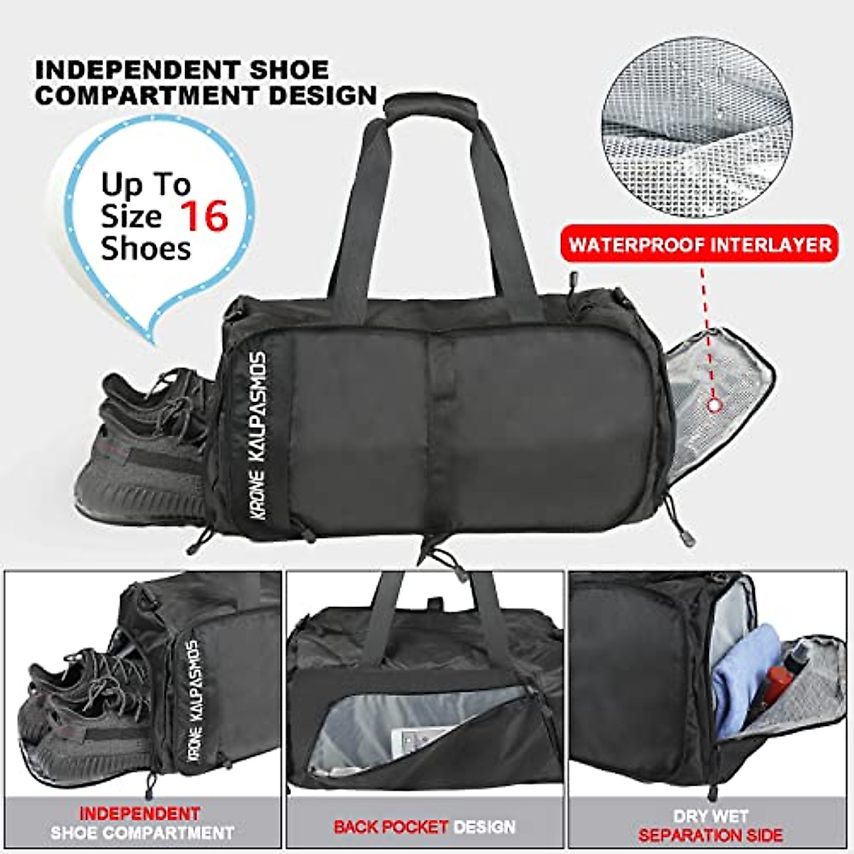 Krone Kalpasmos Small Gym Bag, Packable Sports Bag for Men, Gym Bags for Men with Shoe and Wet Pocket, Lightweight Waterproof Travel Duffel Bag (Black)