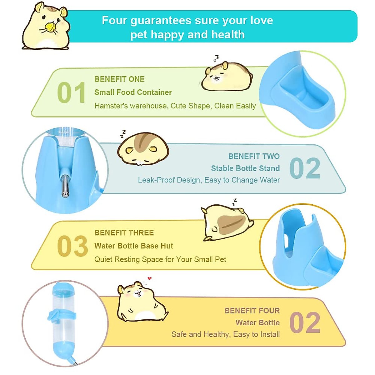 Litewoo Hamster Water Bottle with Food Container Base Hut No Drip Drinking Dispenser for Dwarf Hamster Rats Mouse Gerbil Mice（Blue 80ML Removable Base）