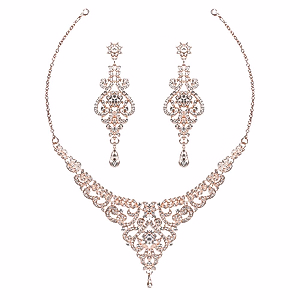 Hapibuy Crystal Rose Gold Wedding Jewelry Set Rhinestone Necklace and Earring Set For Women and Brides