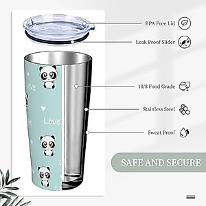 Yaxongx 20oz Tumbler Love Pandas Double Wall Vacuum Insulated Coffee Mug with Lid and Metal Straw Brush Reusable Stainless Steel Water Bottle Travel Cup Gifts for Car Ice Drinks Hot Beverage