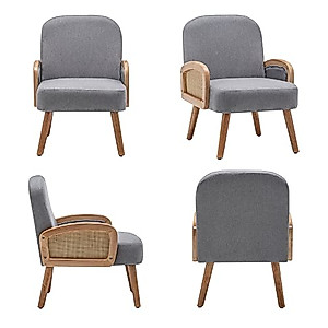 KVK Mid Century Modern Accent Chair, Upholstered Chairs with Bamboo Knitting and Solid Wood Legs, Comfy Linen Fabric Armchair for Club, Living Room, Reading Room, Bedroom, Gray (WJHM-079GR)