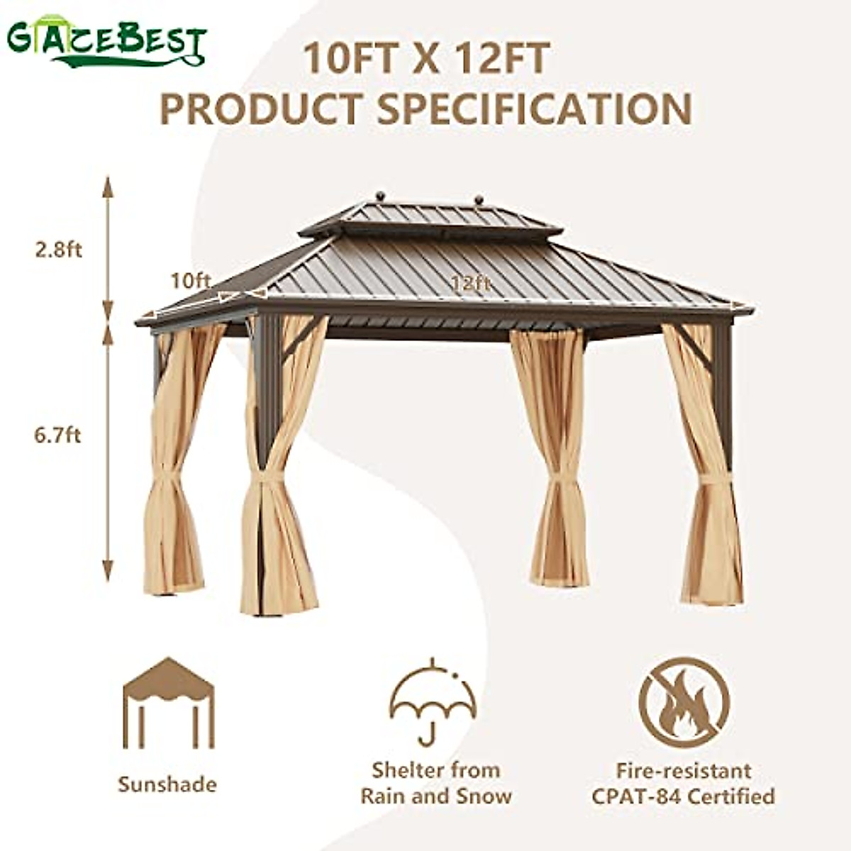 GAZEBEST 10'x12' Hardtop Gazebo Outdoor Aluminum Patio Gazebo Double Roof Galvanized Steel Gazebo Canopy with Netting and Curtains,for Garden Patio,Patio Backyard,Deck and Lawns