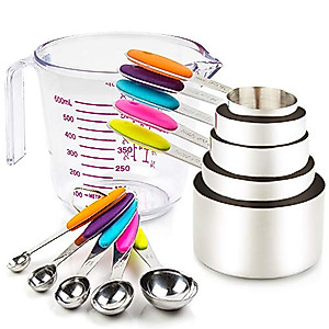 Measuring Cups and Spoons Set 11 Piece. Includes 10 Stainless Steel Measuring Spoons and Cups Set and 1 Plastic Measuring Cup. Liquid Measuring Cups Set and Dry Metal Measuring Cup Set