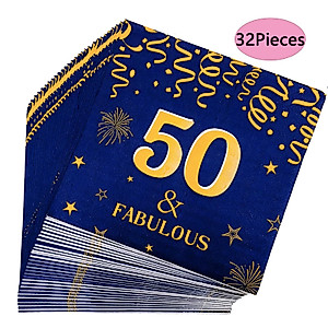 32PCS50th Birthday Happy Napkin 50th Anniversary Wedding Commemorative Napkin Blue 50th Birthday Table Decoration Party Supplies Blue Cocktail Napkin