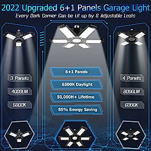 12 Pack LED Garage Lights 200W, 20000lm Shop Lights Bright 6 Leaf Deformable Garage Lights Ceiling Led,6500K Daylight Adjustable Folding Garage Lighting Bulb Fixture E26/E27 for Garage,Workshop