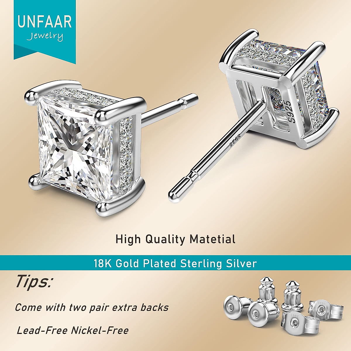 UNFAAR 18K White Gold Plated Sterling Silver Princess Cut Cubic Zirconia Stud Earrings Square CZ Diamond Stud Earrings for Women Men Hypoallergenic (6MM, Clear)