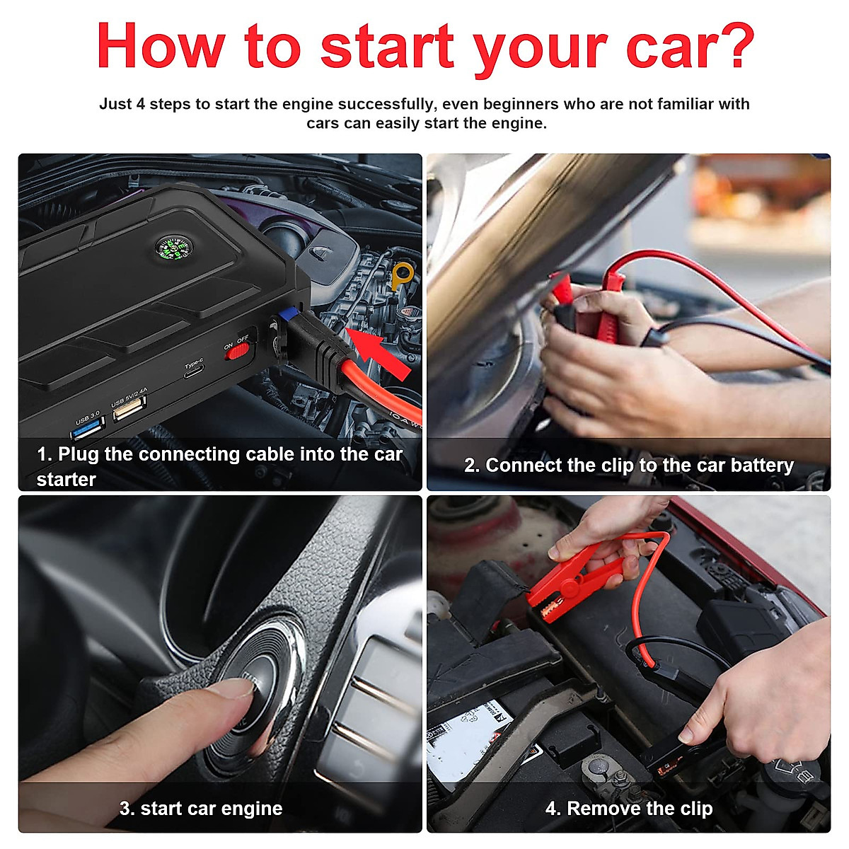Car Jump Starter, Portable Car Battery Charger Jump Starter, 1000A 27000mAh for up to 6-Liter Gasoline and 3-Liter Diesel Engines with Smart Charging Port, Compass and LED Light