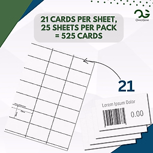 OfficeGear Shelf Edge Barcode Price Ticket Labels 21-up [25 Sheets - 525 Pack] 38x70mm Custom Printable A4 120gsm Card Micro-Perforated Non-Adhesive Merchandise Tag Includes Design Template
