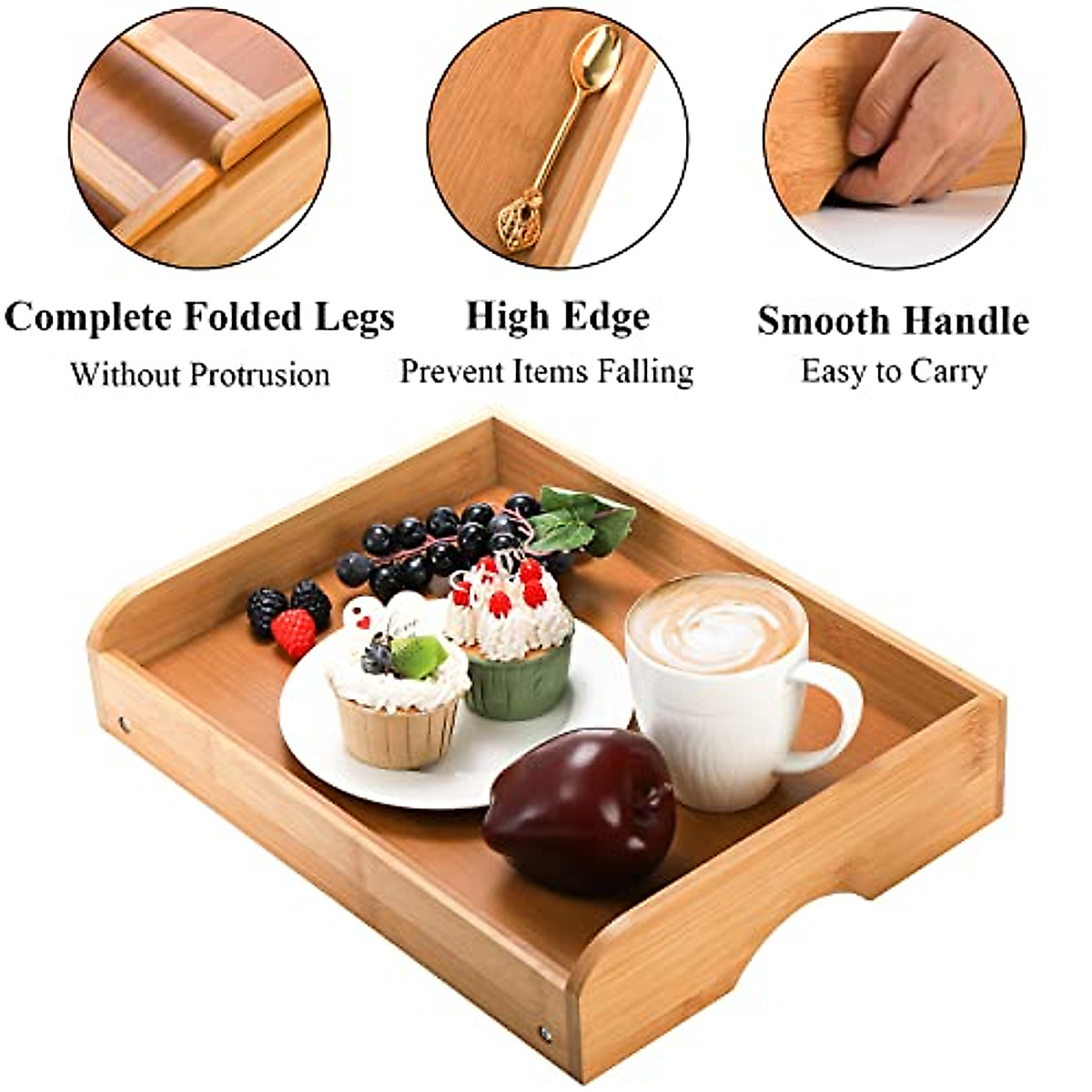 Lawei 2 Pack Bamboo Bed Tray Table with Foldable Legs, Portable Lap Tray Table for Serving Breakfast in Bed, Food Snack Tray for Bed, Sofa, Outdoor, Working, Eating, Drawing, Ideal for Kids, Adult