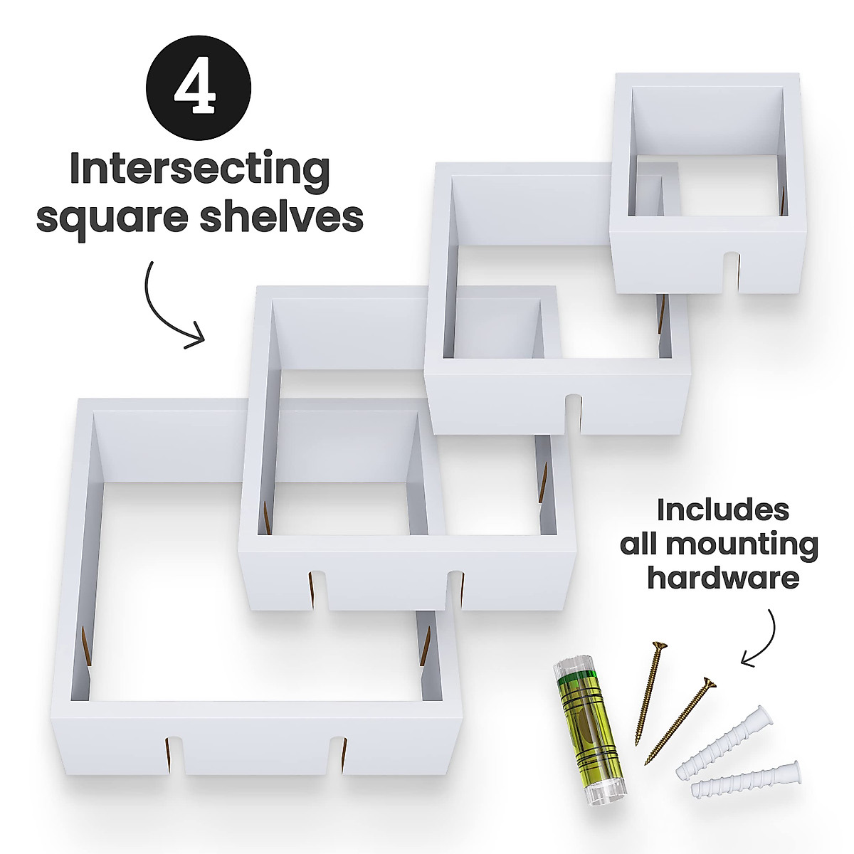 Greenco 4 Cube Intersecting Shelves, Easy-to-Assemble Floating Wall Mount Square Shelves for Bedrooms and Living Rooms, Rustic White Finish