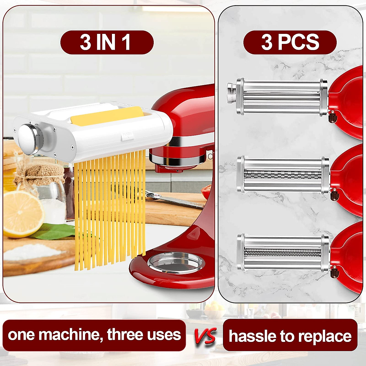 Pasta Maker 3-in-1 Attachment for KitchenAid Stand Mixers, Including Fettuccine and Spaghetti Cutter, Pasta Sheet Roller, Pasta Maker Accessories and Cleaning Brush