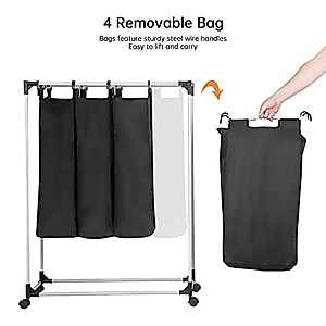 4-Bag Laundry Sorter Cart Easy Clean Laundry Hamper Sorte Laundry Organizer Laundry Basket Laundry Clothes Separator Hamper with 4 Removable Waterproof Bags and Wheels for Laundry Room