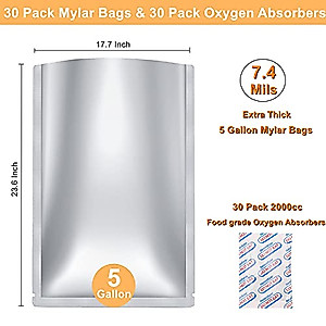 Ztalee 30 Pack 5 GALLON Mylar Bags (7.4 Mil) and 30x 2000cc Oxygen Absorbers, Airtight Vacuum Sealing Sealable Mylar Bags for Long Term Food Storage, for Grains, Wheat, Rice, Dry Aging Bags for Meat (17.7x23.6 Inch)
