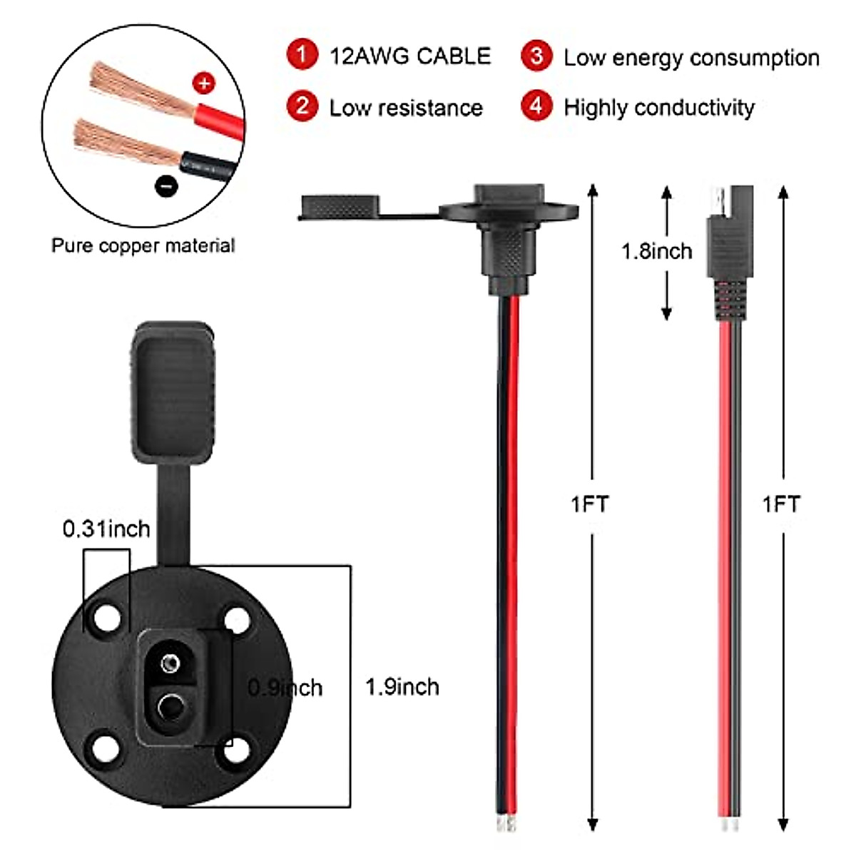 PAEKQ 12AWG Weatherproof Solar SAE Power Socket Sidewall Port SAE Quick Connector Harness Plug and SAE Connector Extension Cable for Solar Panel RVs Motorcycle Generator Battery Charger(1FT)