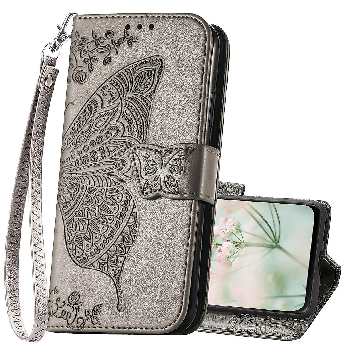 KRHGEIK for Motorola Moto G Stylus 5G 2023 Case Wallet,Women Flip Folio Cover with Butterfly Emboss PU Leather Stand Card Slots Wrist Strap Protective Phone Case for Moto G Stylus 5G 2023 (Gray)