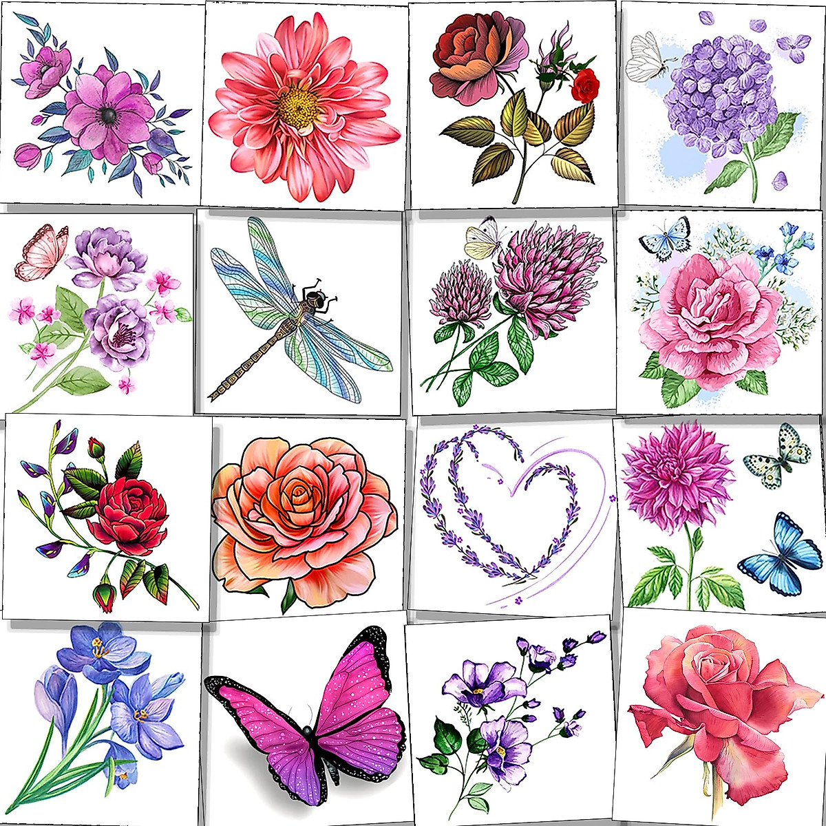 Tazimi 40 Sheets Flower Temporary Tattoos for Girl Kids -Rose Peony Lavender Butterfly Dragonfly Hydrangea Flower Collection Face Arm Body Tattoo Sticker Watercolor Flower Tattoos for Child Birthday Party Favors Supplies Gifts Decorations