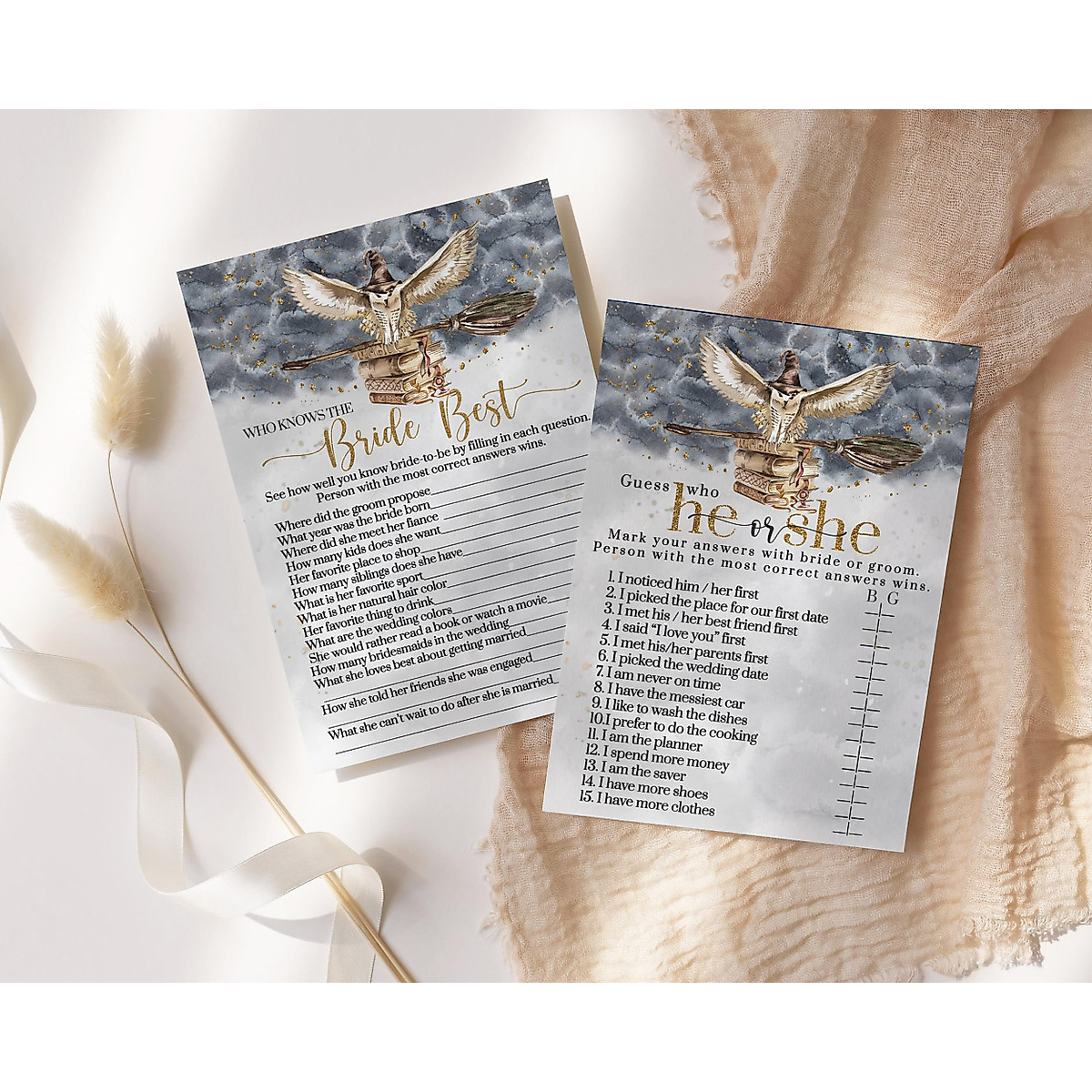 Halloween Bridal Shower Games Pack - 25 Double-Sided Cards - 5x7 Premium Quality Cardstock - Who Knows the Bride Best & He Said or She Said - Magical Wizard and Owl Design - Perfect for 25 Guests