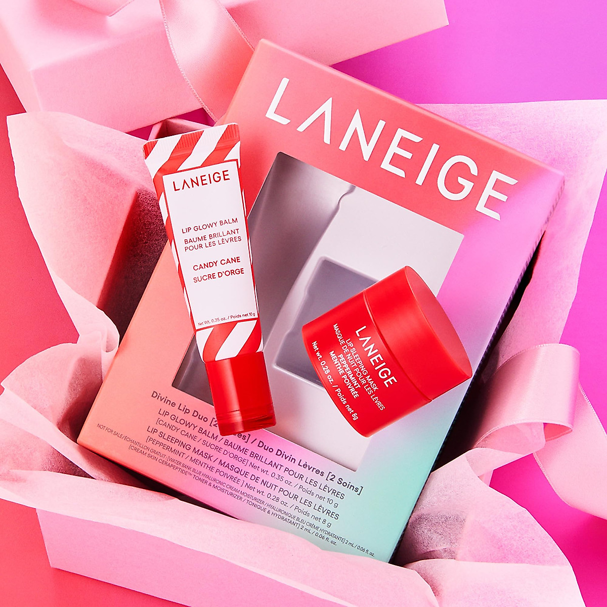 LANEIGE Divine Lip Duo: Lip Sleeping Mask Peppermint Intense Hydration with Vitamin C, Lip Glowy Balm Candy Cane