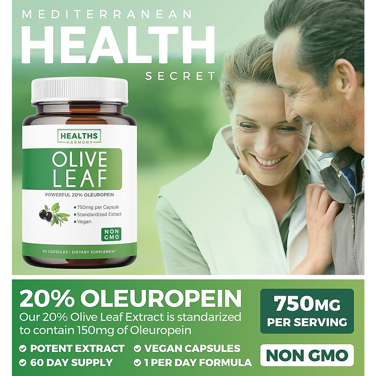 Olive Leaf Extract (Non-GMO) Super Strength: 20% Oleuropein - 750mg - Vegetarian - Immune Support Supplement, Skin Health, and Powerful Antioxidants Supplement - No Oil or Liquid - 60 Capsules