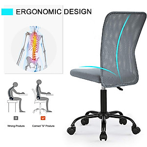 Ergonomic Office Chair Mesh Computer Chair Small Desk Chair Back Support Lumbar Support Modern Executive Adjustable Chair Mid Back Task Rolling Swivel Chair with Wheels Armless (Grey)