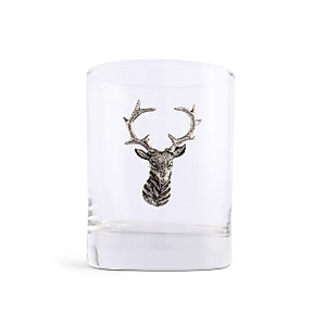 Vagabond House Pewter Elk/Deer Head Double Old Fashion/Bar/Whiskey/Juice/Rocks Deer Head Tumbler Glass Sold as Single 4.5 inch Tall 8 oz