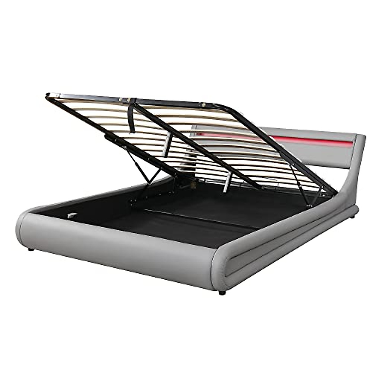 Prohon Queen Size Platform Bed with LED & Hydraulic Storage System, Upholstered Bed Frame Faux Leather with Headboard, No Box Spring Needed, Bedframes for Kids, Teen & Adults, Grey