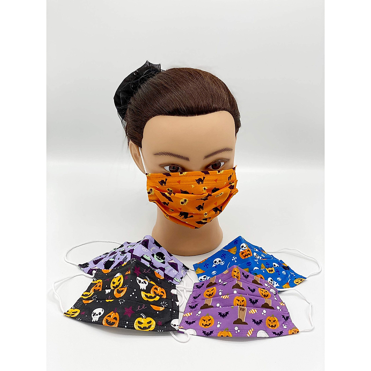 SIPA 50 PCS Kids Disposable Face Masks,Trick-or-treat Skull Pumpkin Bat Print Fabric Protection with Elastic Earloops 3 layer protection for kids Daily Use Breathable & Comfortable