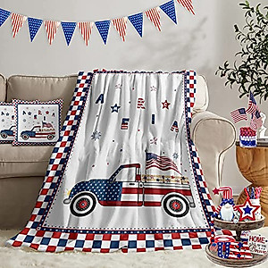 4th of July Throw Blanket, America Flag Farm Truck Fuzzy Soft Plush Independence Day Flannel Blankets Cozy Warm Fleece Bed Throws for Women/Men/Kids/Teens Blue Red White Buffalo Plaid 50x60In