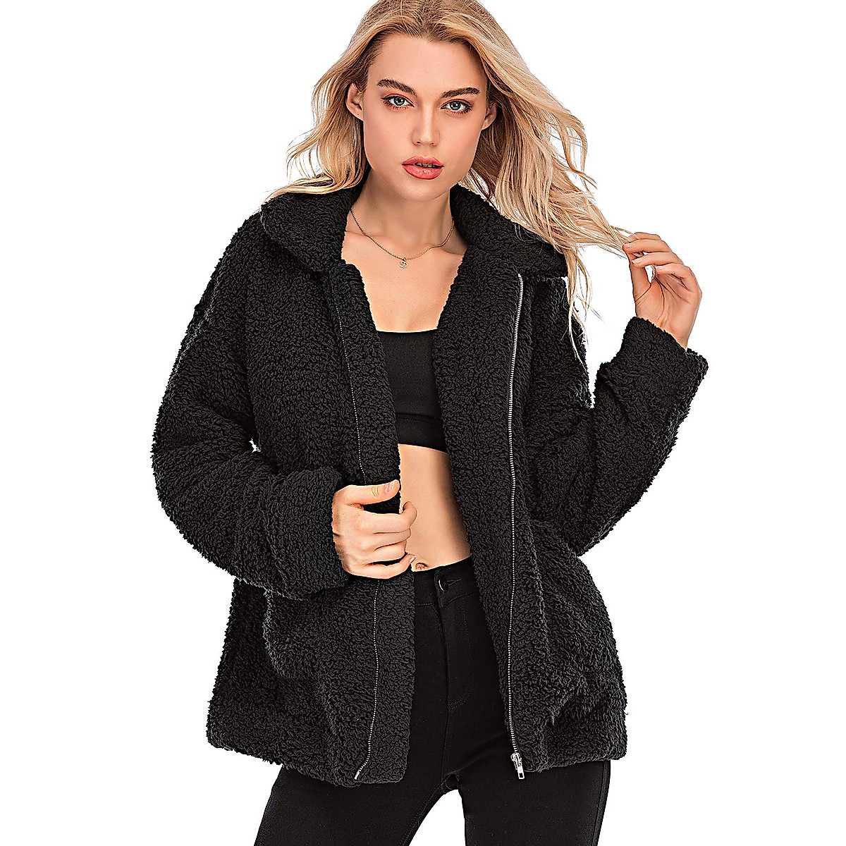 Women's Coat Casual Lapel Fleece Fuzzy Faux Shearling Zipper Coats Warm Winter Oversized Outwear Jackets (Black,XXL)