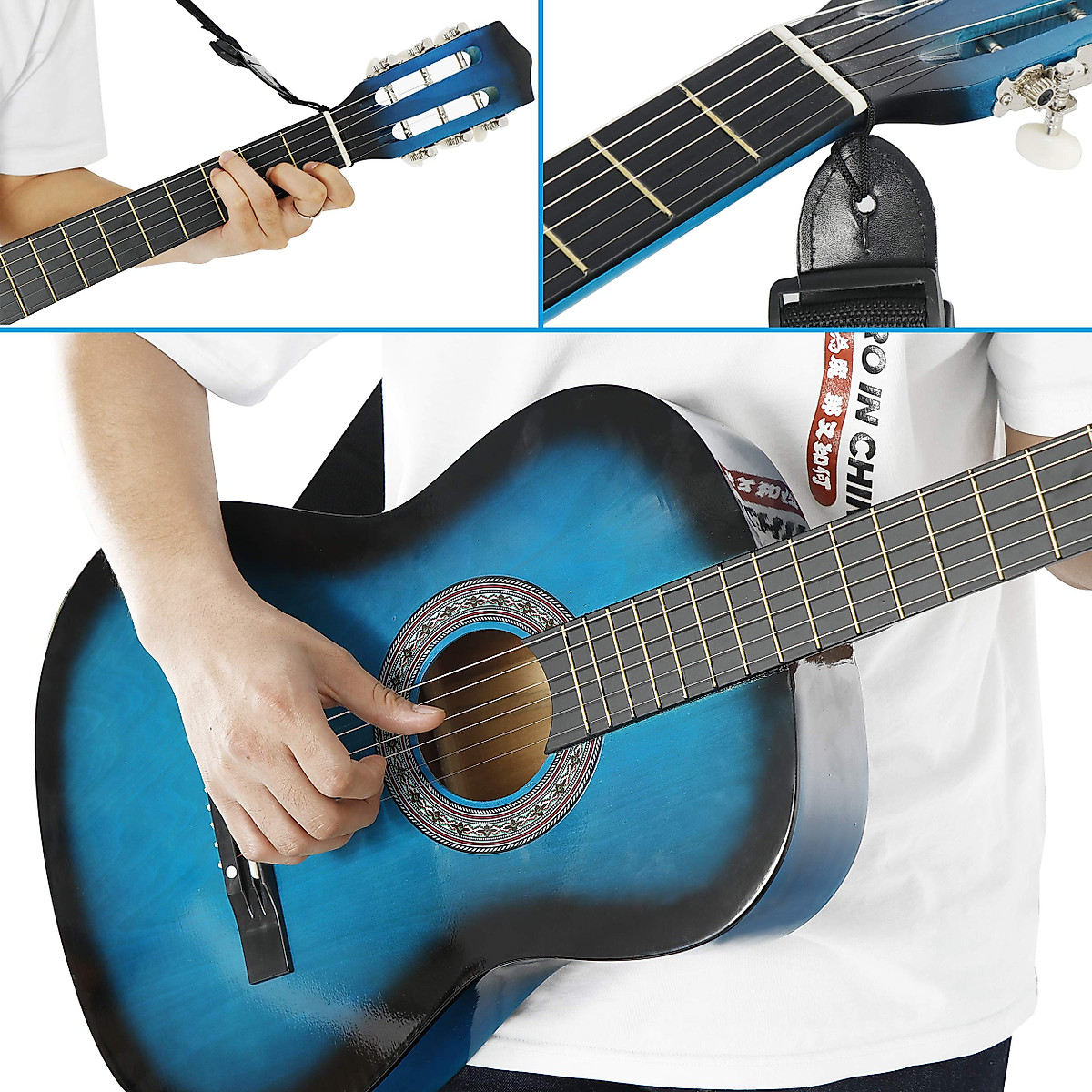 Smartxchoices 38" Kids Acoustic Guitar Bundle Kit for Starter Beginner Music Lovers, 6-String Folk Guitar with Gig Bag, Extra Set Steel Strings, Strap, Pitch Pipe and Pick (Blue)