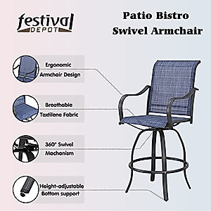 Festival Depot 4Pcs Patio Bistro Set High Back 360°Swivel Chairs with Textilene Fabric and Curved Armrest Bar Height Stools All Weather Metal Outdoor Furniture for Deck Lawn Garden, Blue