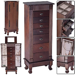Hysache Jewelry Cabinet, Freestanding Jewelry Armoire Storage Chest w/ 7 Drawers, 2 Swing Doors, 12 Necklace Hooks, Large Capacity Wooden Jewellery Box Organizer for Bedroom Living Room