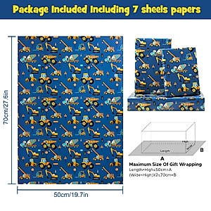 Road Under Construction Excavator Tractor Dump Truck Wrapping Paper for Kids Boys, Birthday Wrapping Paper Construction Design 7 Sheets Folded Flat 20x28 inches per Sheet for Birthday Baby Showers